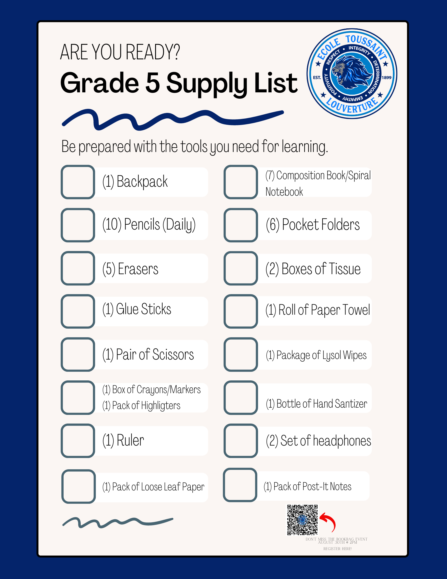 Supply List – Important Forms and Information – Ecole Toussaint Louverture