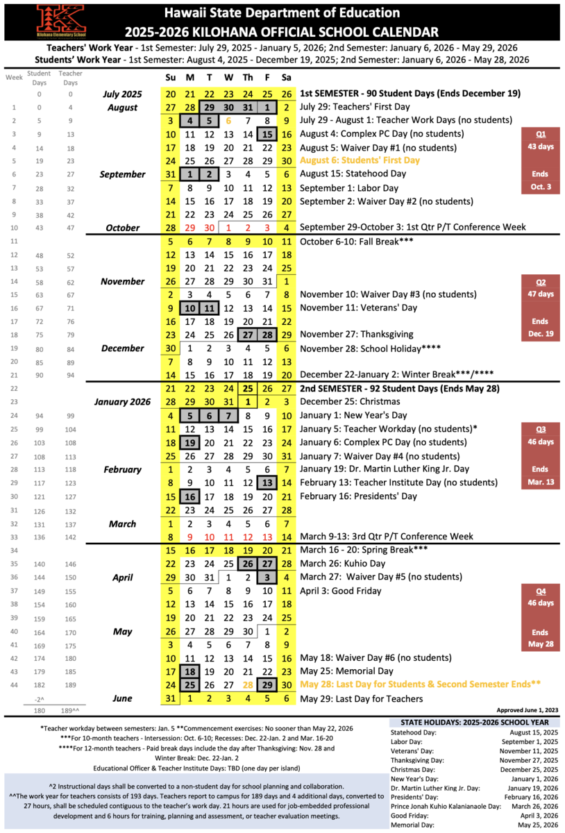 Official School Calendar – Parents – Kilohana Elementary