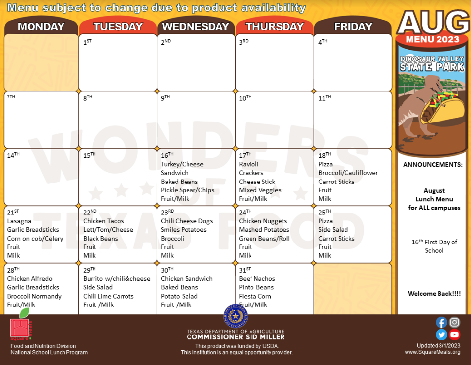 August Breakfast & Lunch Menus | Cumberland Academy Elementary