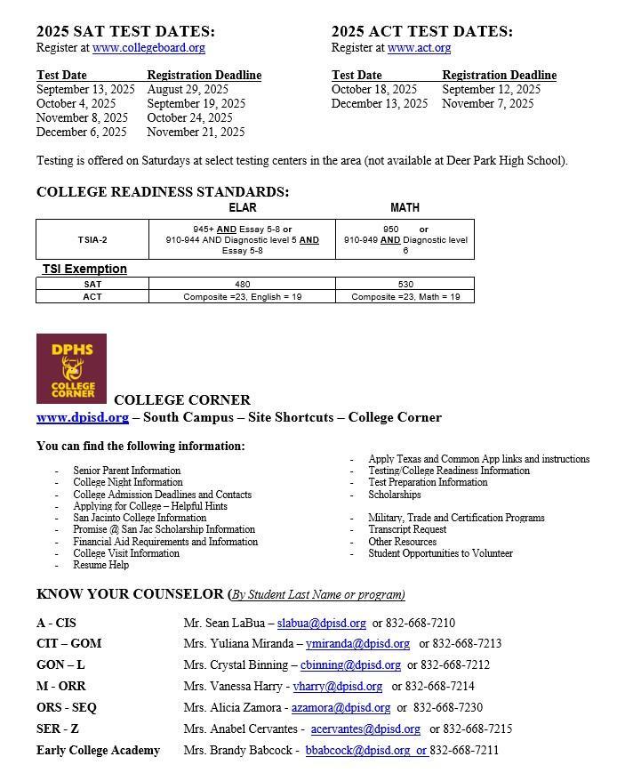 Senior/12th Grade To-Do List – College Corner – Deer Park High School ...