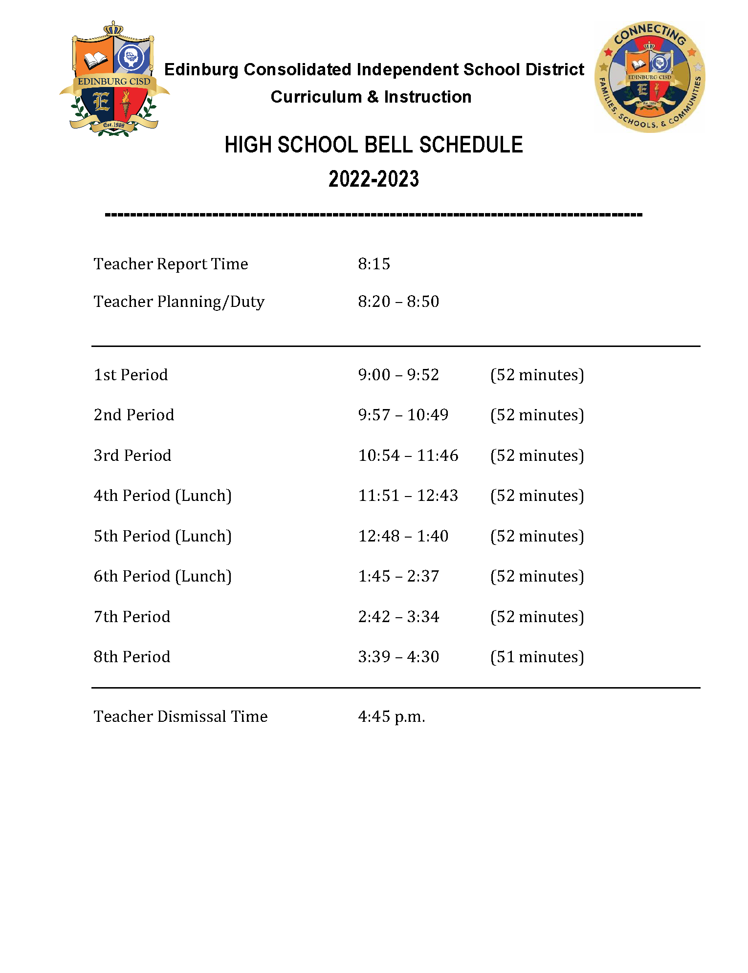 ENHS Bell Schedule 2022 2023 Campus Info Edinburg North High School