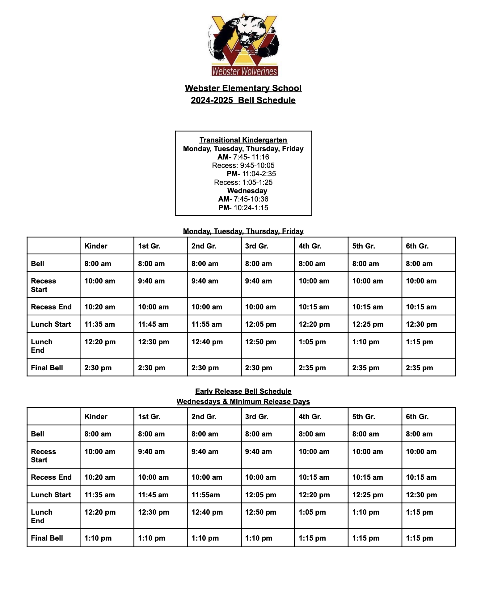 Bell Schedule – Pick up and drop off – Webster Elementary School