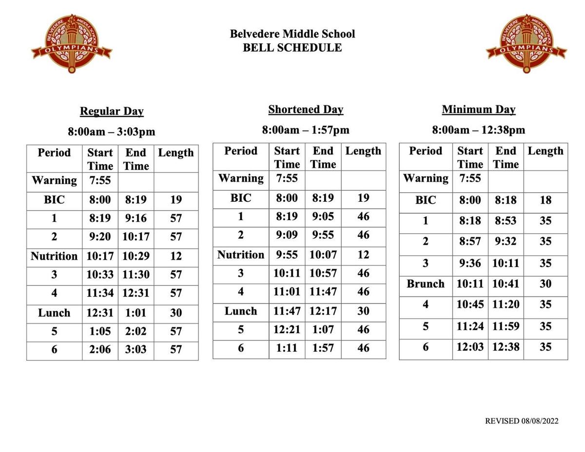 Bell Schedule – OUR SCHOOL – Belvedere Middle School