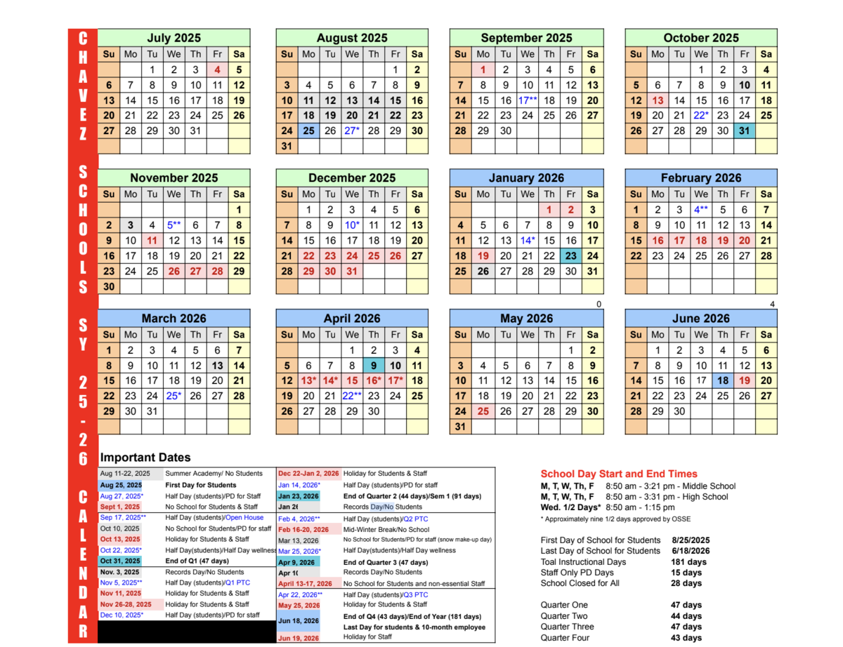 Academic Calendar – Families – Cesar Chavez Public Charter Schools for ...