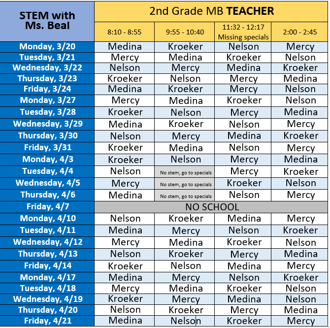 STEM Schedule – Grade 2 – Motsenbocker