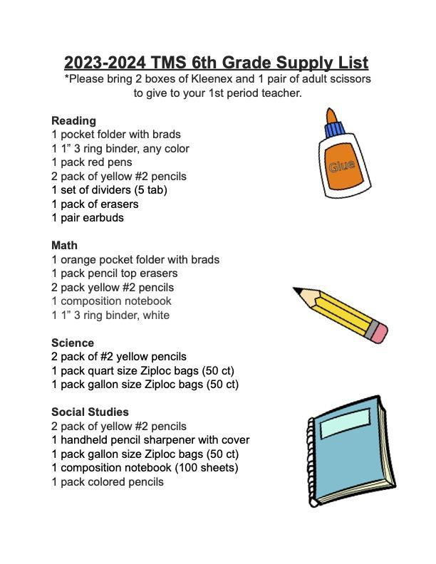 School Supplies 6th Grade