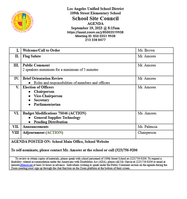 School Committees/Comités de la Escuela – PARENTS – 109th Street Elementary