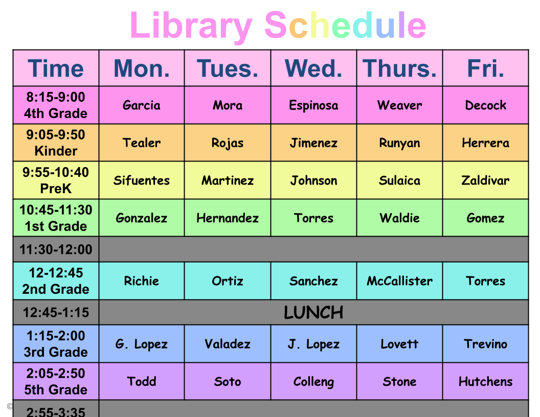 Library Schedule – Library – Medio Creek Elementary