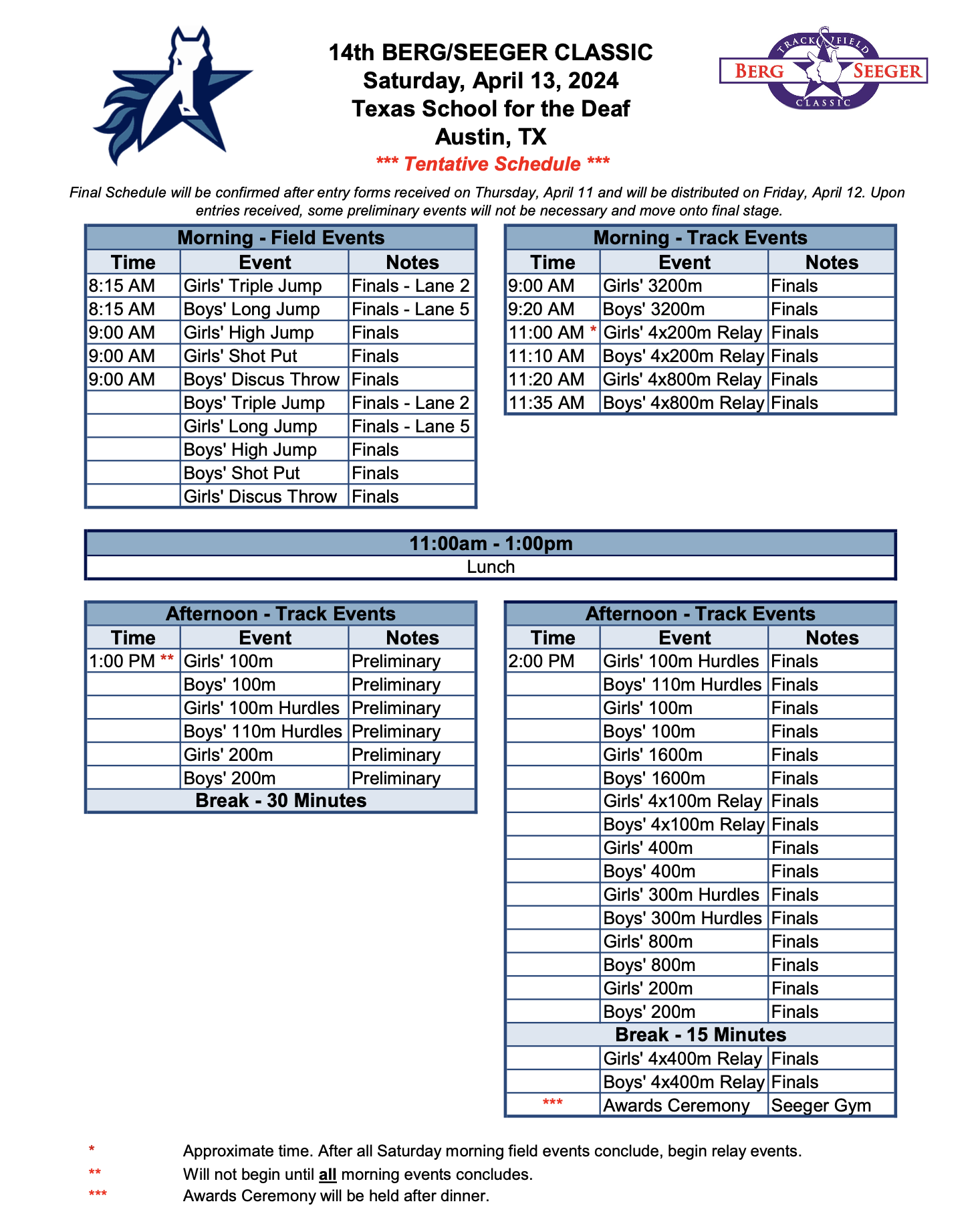 Schedule – 14th Berg & Seeger Classic – TSD Athletics