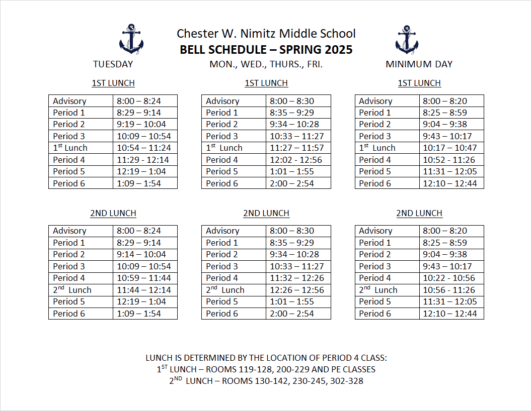 Bell Schedule – Nimitz – Chester W Nimitz Middle School