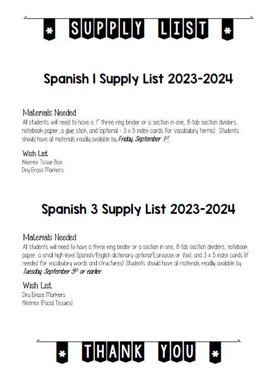 Classroom Supply Lists – Sra. Cecilia Gonzalez – Ledford High School