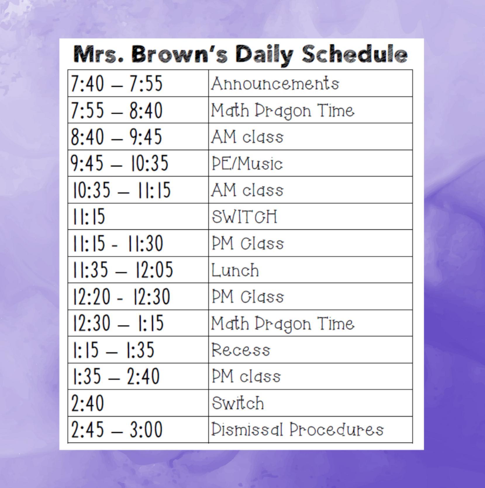Schedule – Victoria Brown – J. P. Dabbs Elementary