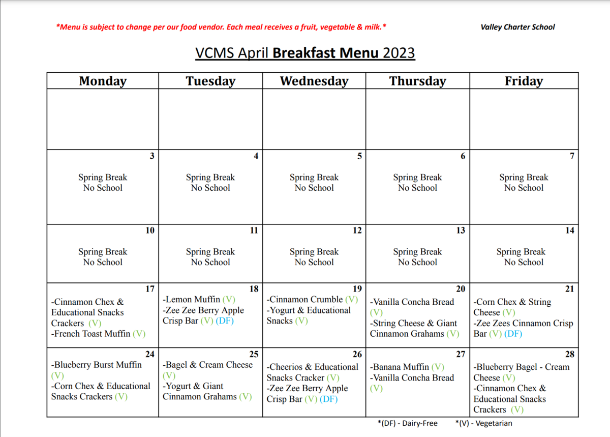 VCMS Breakfast, snack and lunch menu - School Lunch - Valley Charter ...