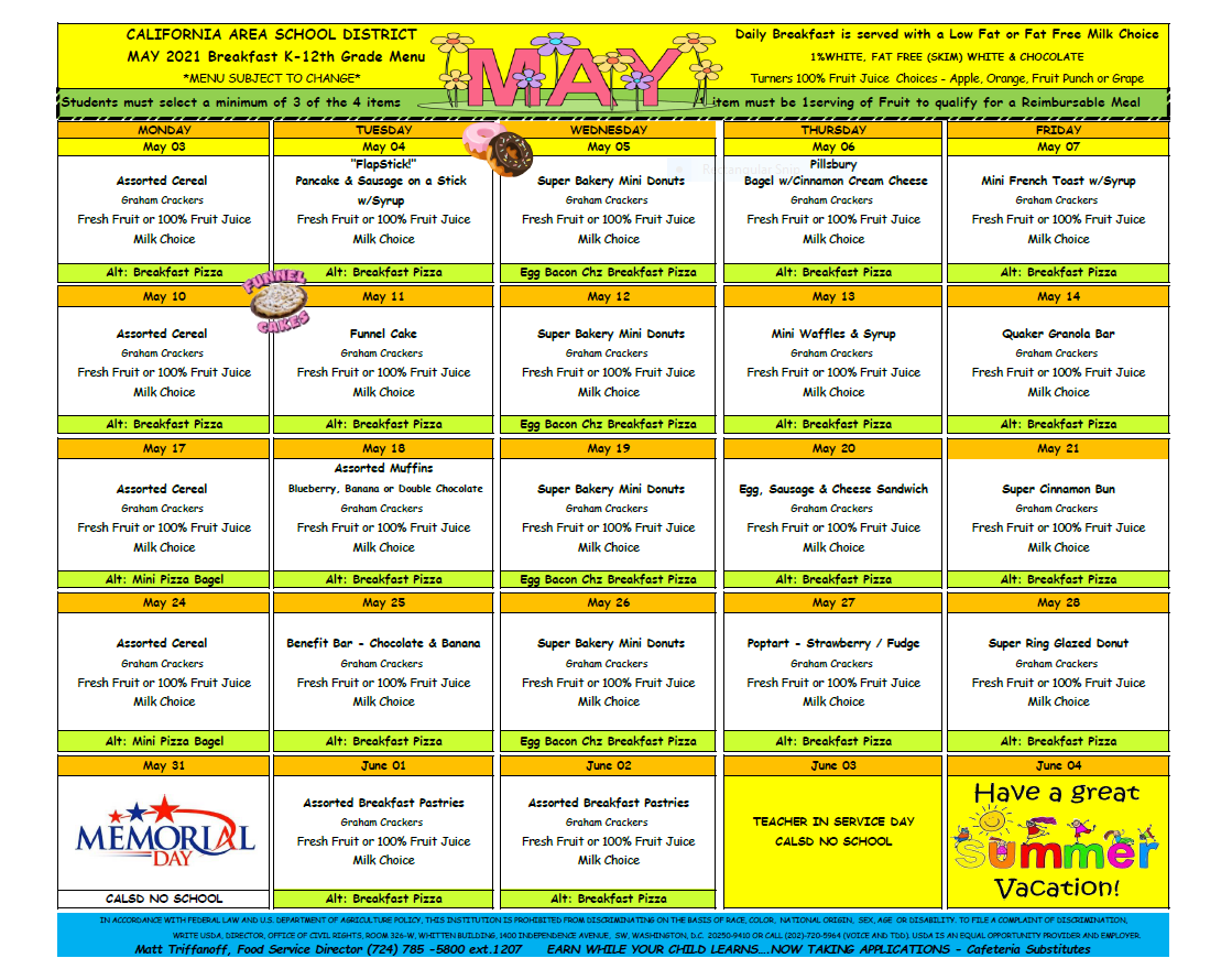 Menus – Food Services – California Area School District
