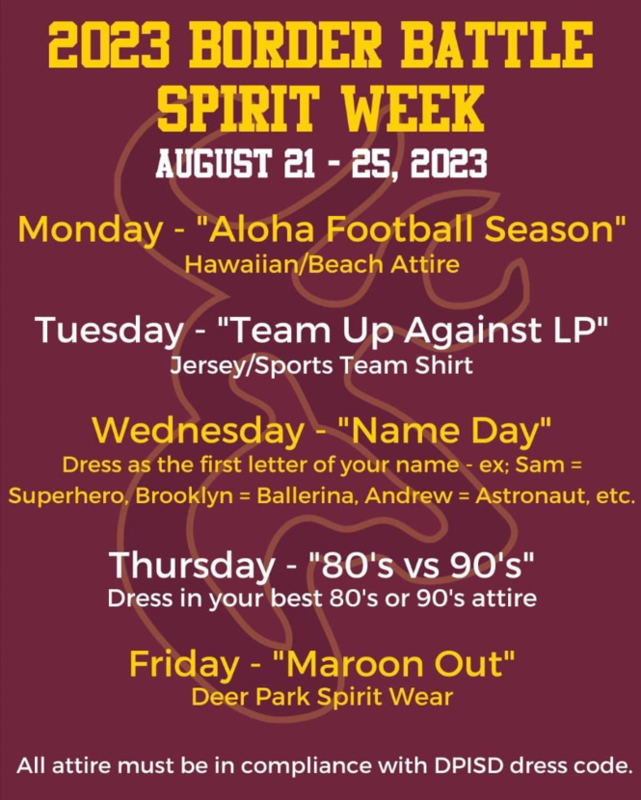 DPISD's Border Battle Spirit Week 8/21-8/25 | Early Childhood Center
