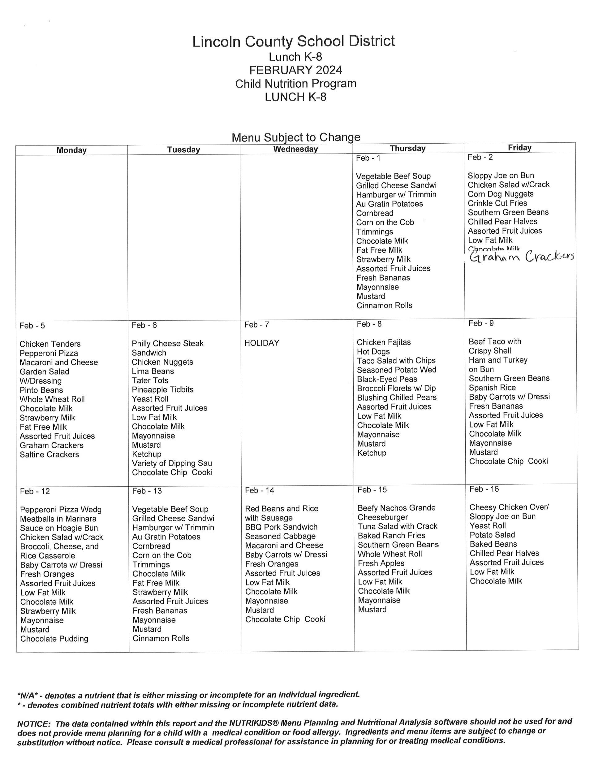 Breakfast & Lunch Menus – Child Nutrition Program – Lincoln County ...