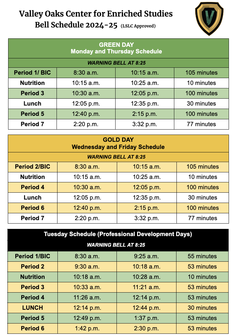 Bell Schedule – Academics – Valley Oaks Center for Enriched Studies ...