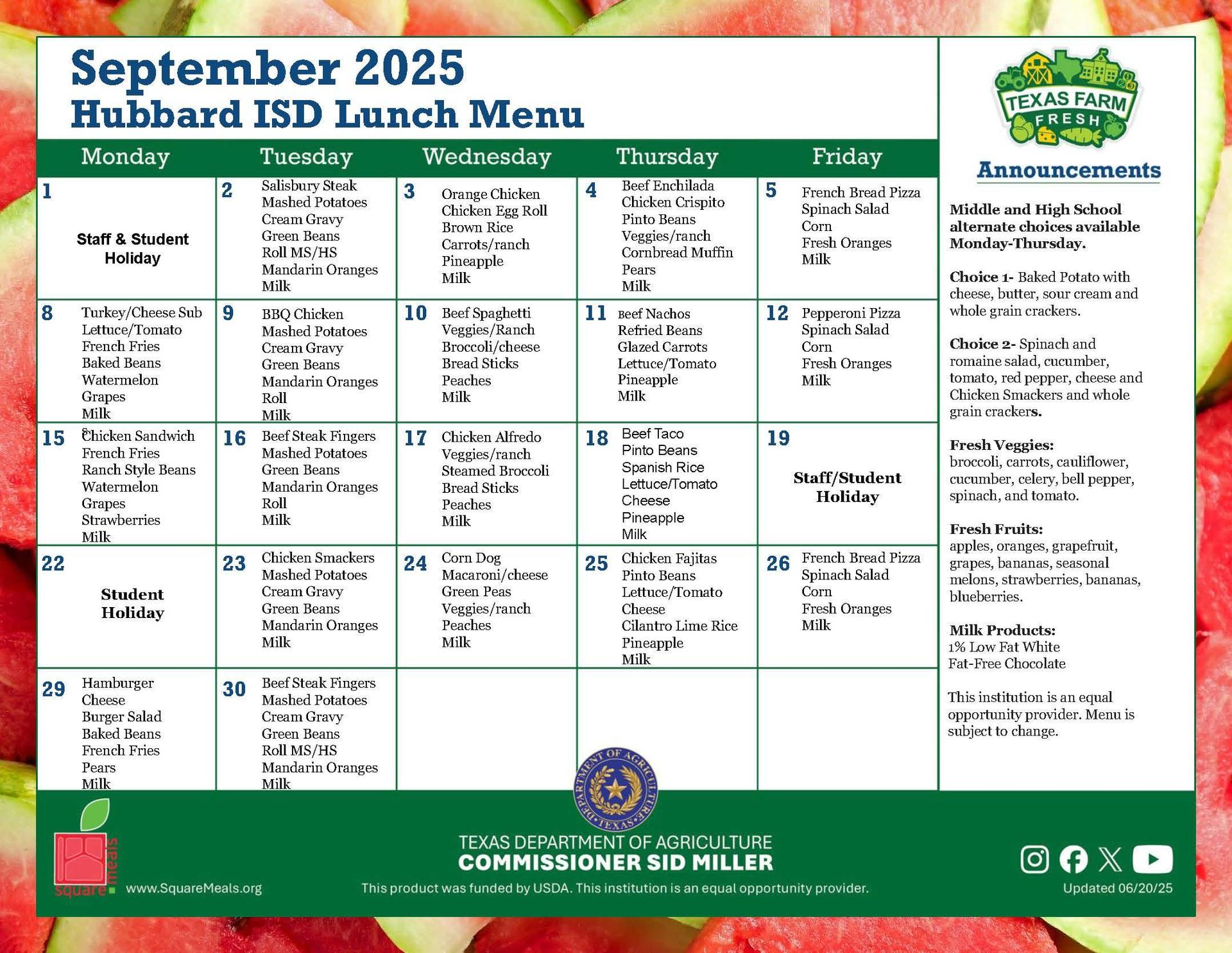 Cafeteria Menus – Food Services – Hubbard ISD (region 12)