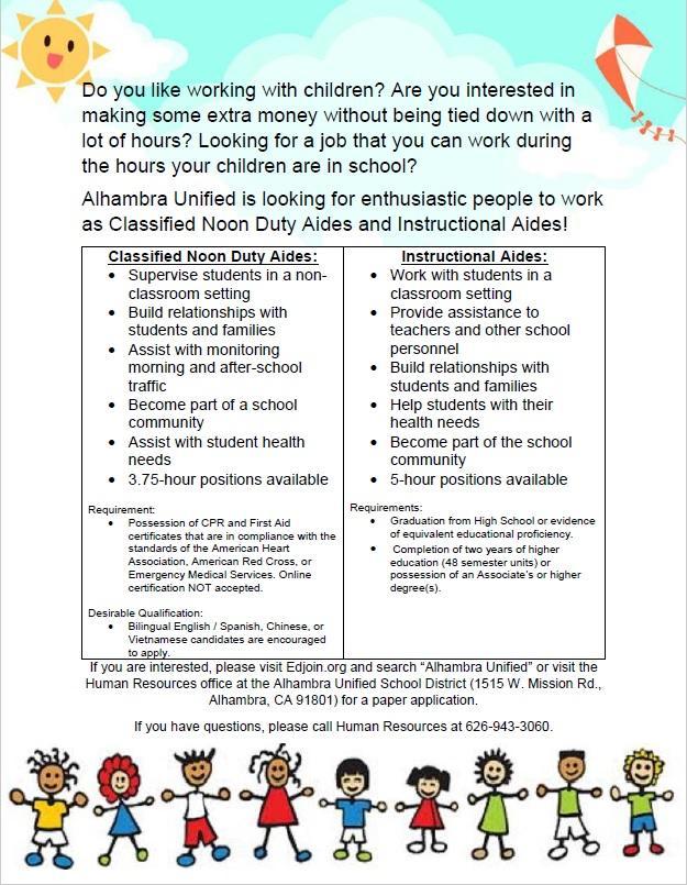 Noon Duty Aides & Instructional Aides Wanted | Garfield Elementary School