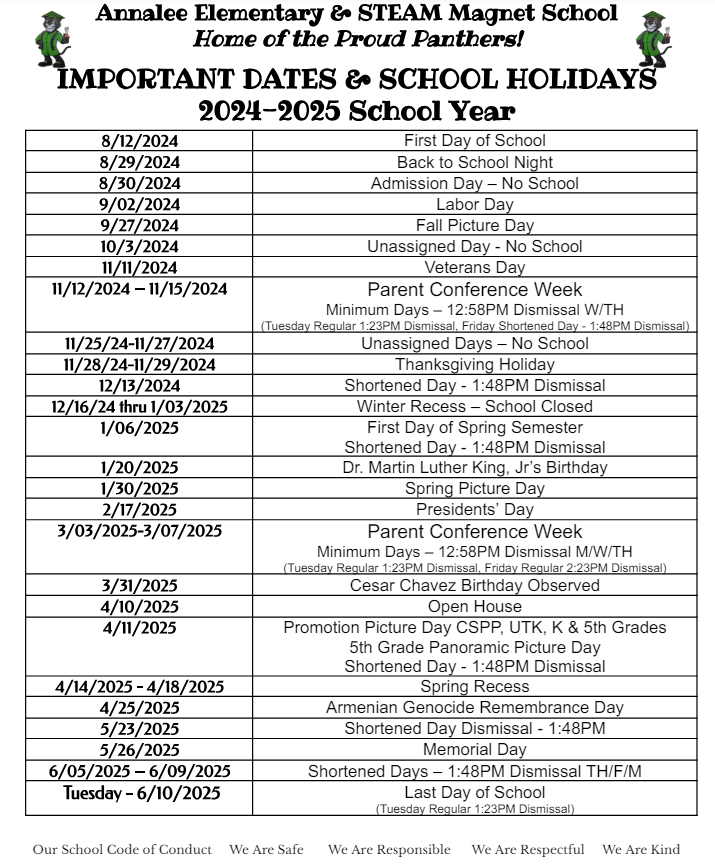 Tentative Calendar Important Dates & Holidays 24-25 | Annalee Avenue ...