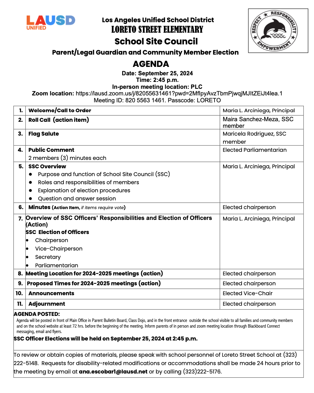 School Site Council – Parents – Loreto Street Elementary
