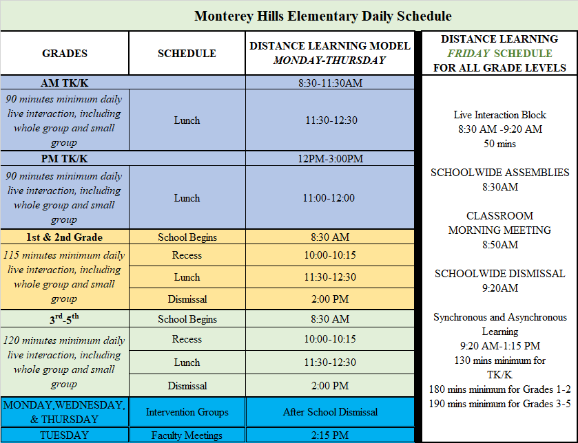 MHS Daily Schedule 2020-2021 – About Us – Monterey Hills Elementary School