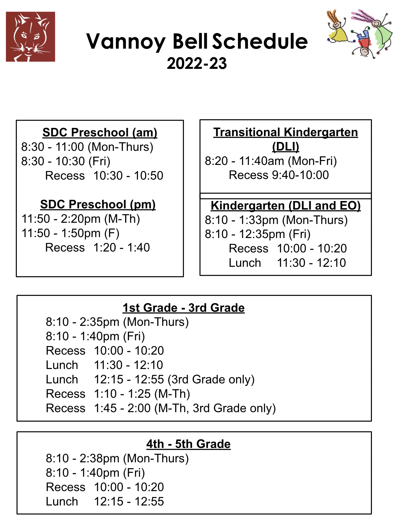 Bell Schedule 2022 2023 Our School Vannoy Elementary School