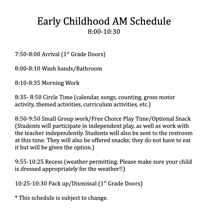 AM Preschool Schedule – Samantha Hill – Coal City Early Childhood Center
