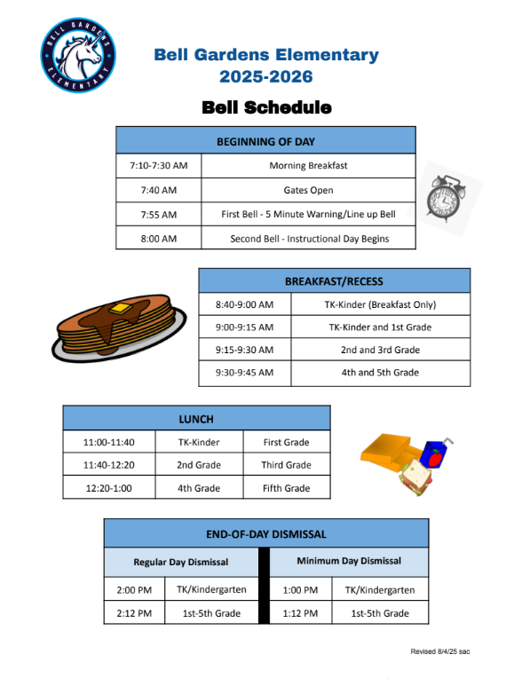 Bell Schedule – Our School – Bell Gardens Elementary