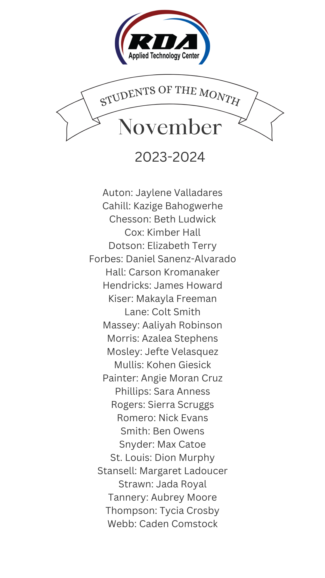 RDA November Students of the Month | RD Anderson ATC