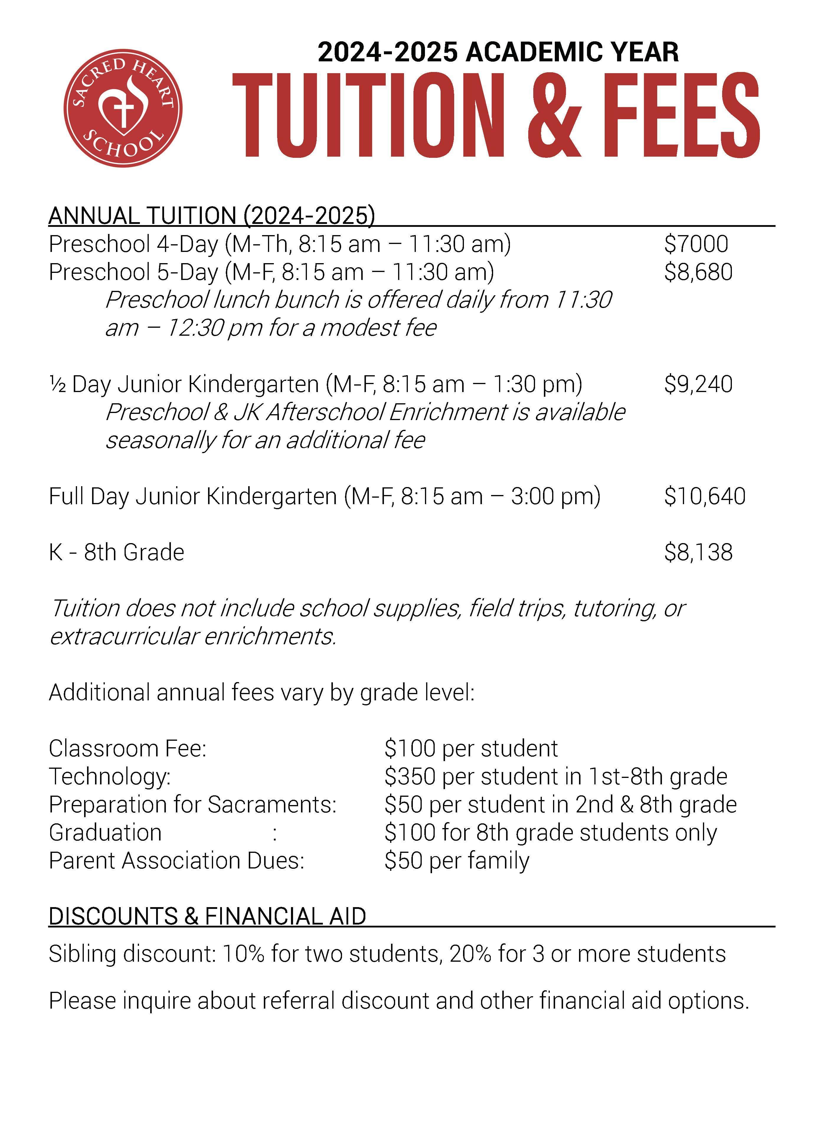 2024-2025 Tuition Schedule – Admissions – Sacred Heart School