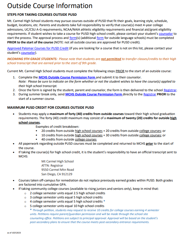 Attend Outside PUSD Classes - Academics - MT. CARMEL HIGH SCHOOL