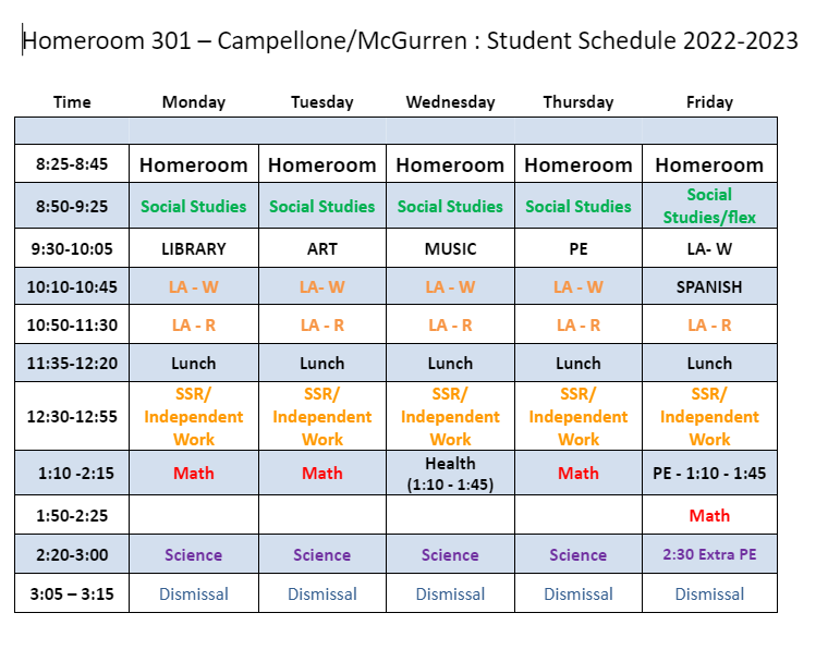 Schedule for this year (both homerooms) – Ms. Colette Campellone ...