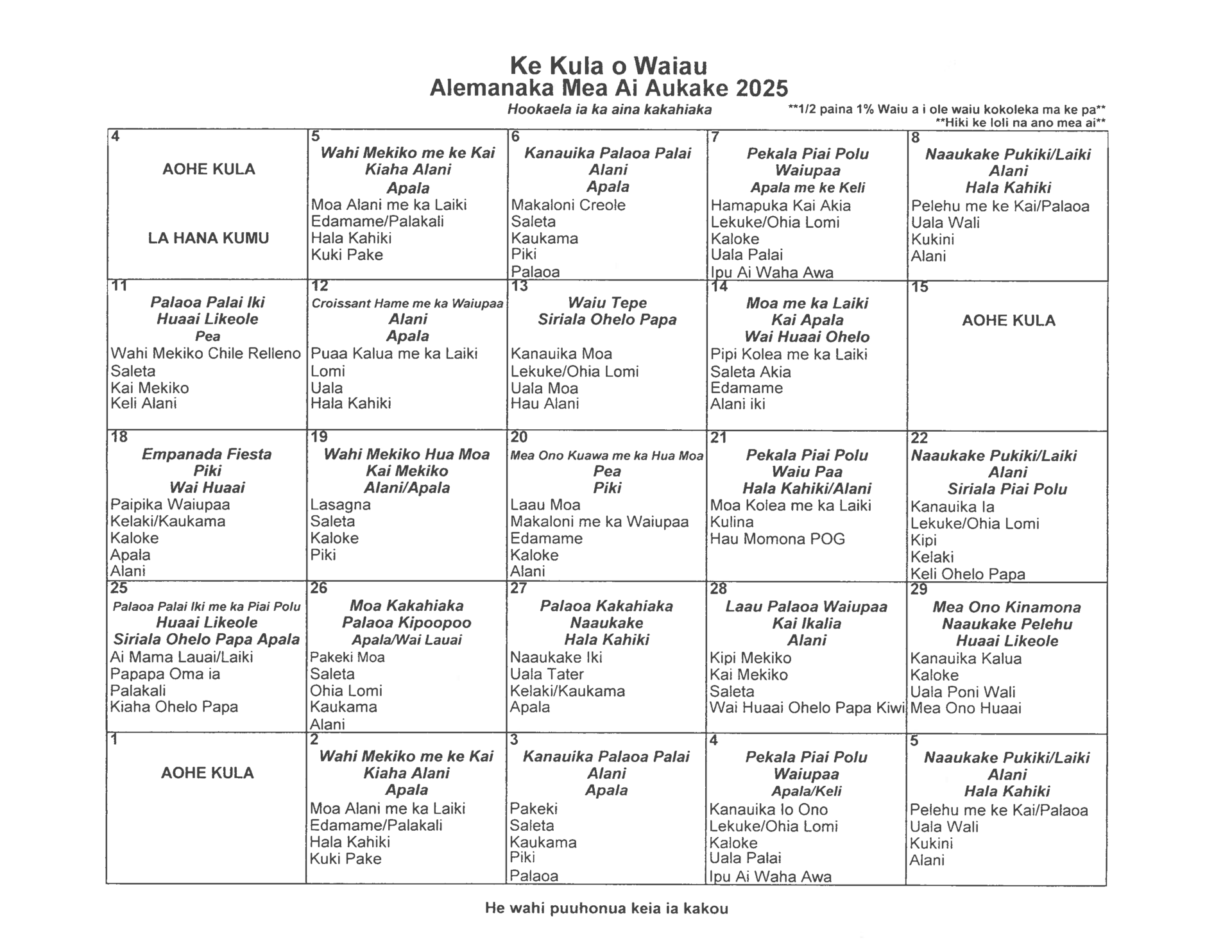 Lunch Menu – School Meal Program – Waiau Elementary School
