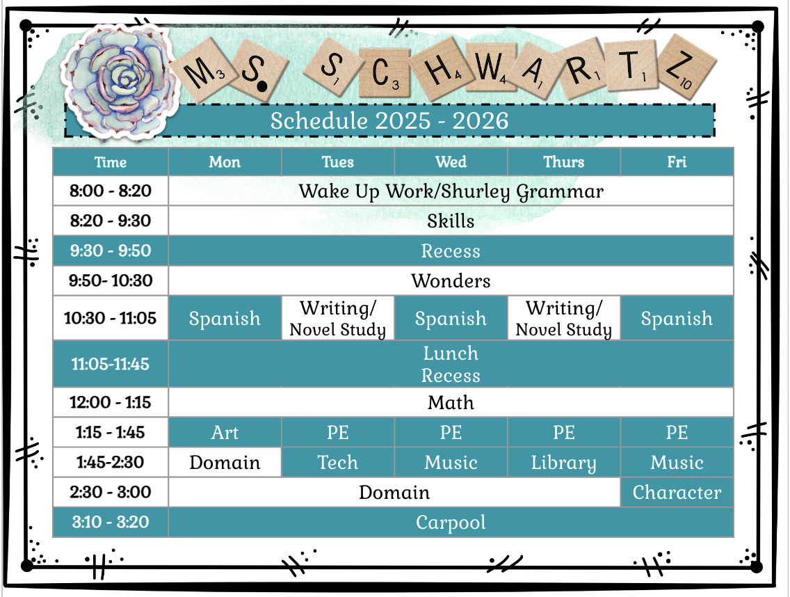 Schedule – Second Grade – Parker Core Knowledge