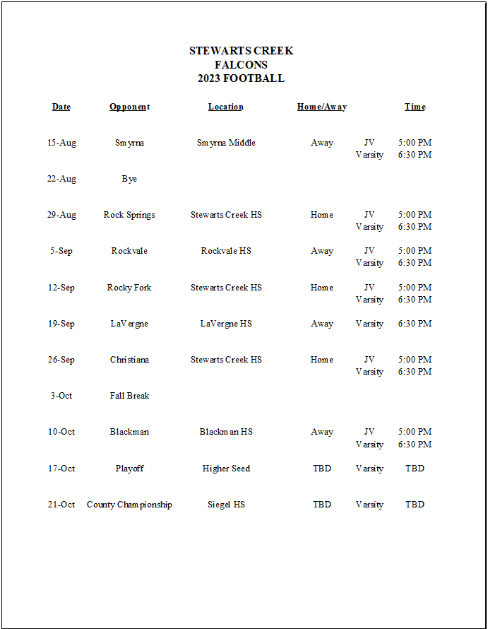 2023 SCMS Football Game Schedule – Football – Stewarts Creek Middle School