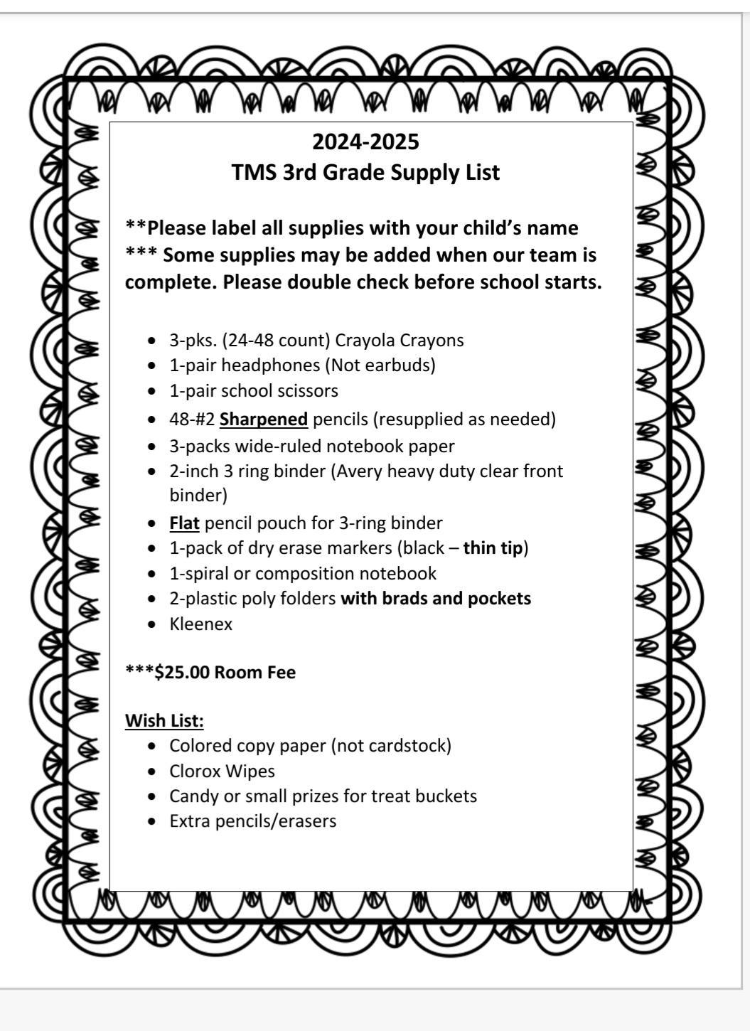Supply List – Third Grade – Thomas Magnet School
