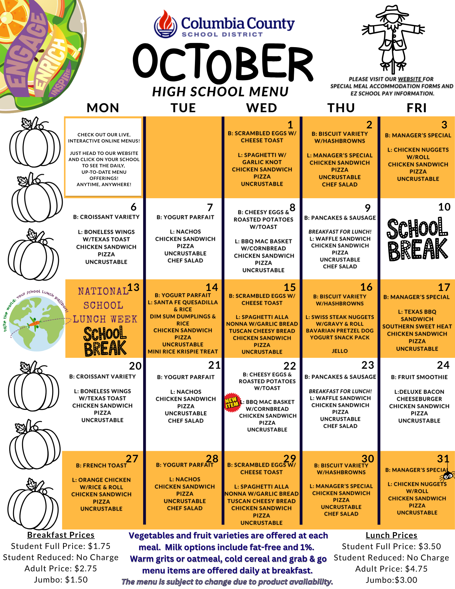 Menus – School Nutrition – Columbia County Schools