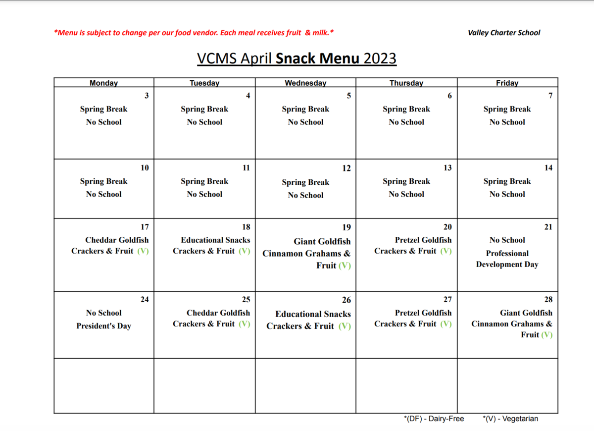 VCMS Breakfast, snack and lunch menu - School Lunch - Valley Charter ...