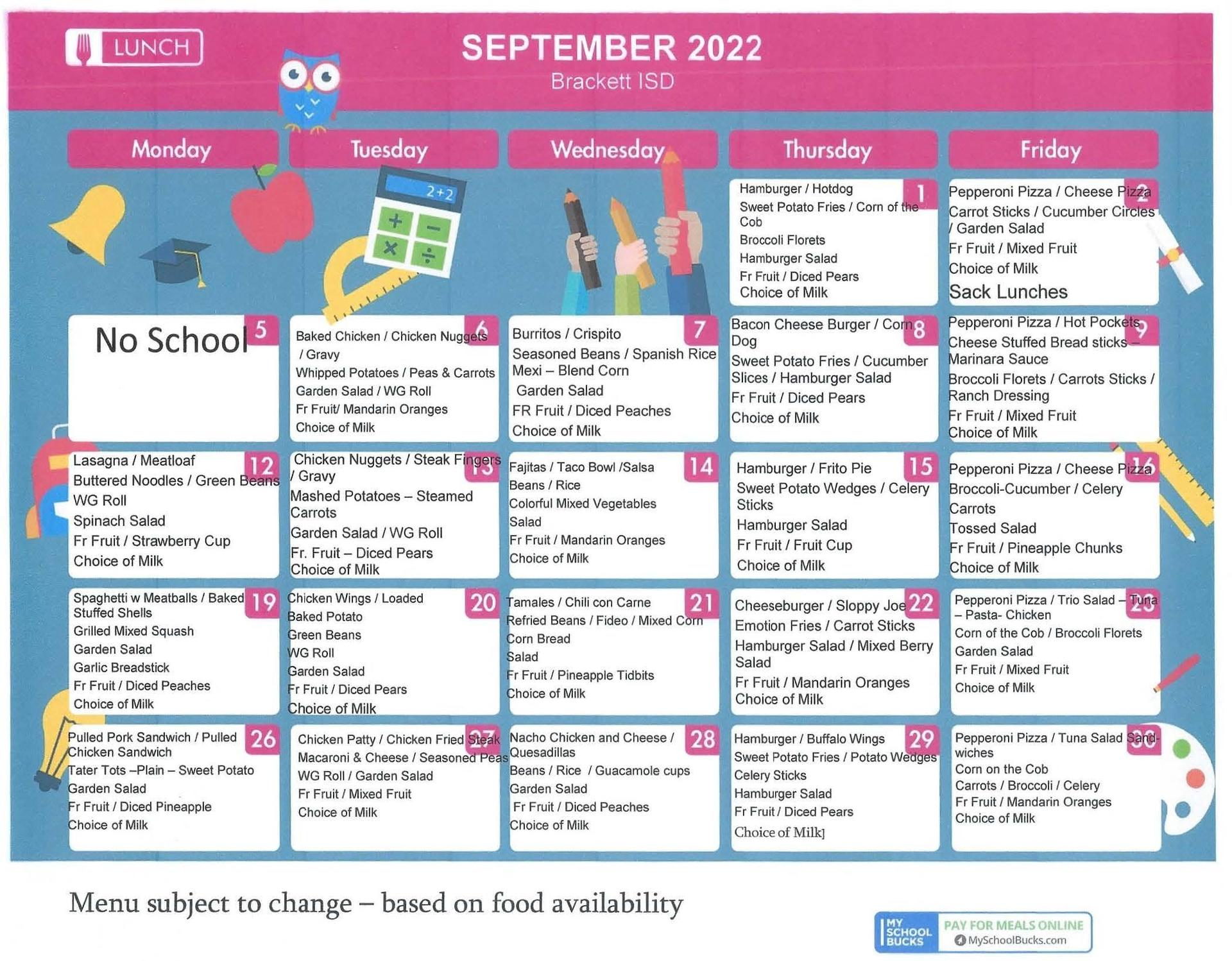 Lunch Menu Food Services Brackett Independent School District Lunch Menu Food Services Brackett Independent School District