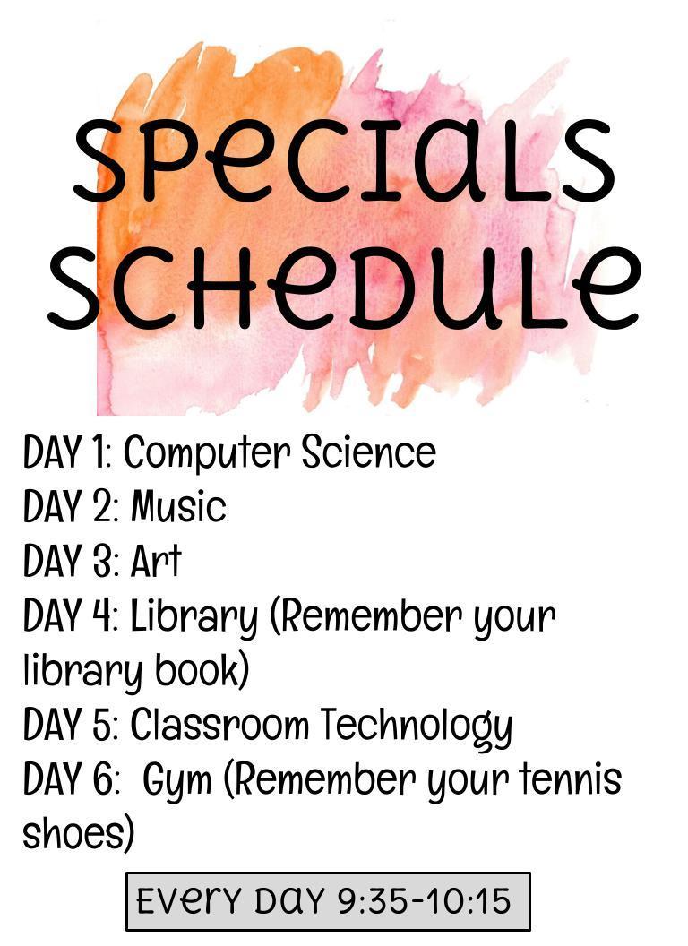 Specials Schedule – Mrs. CARLY PLETZ – Sheridan Terrace Elementary School