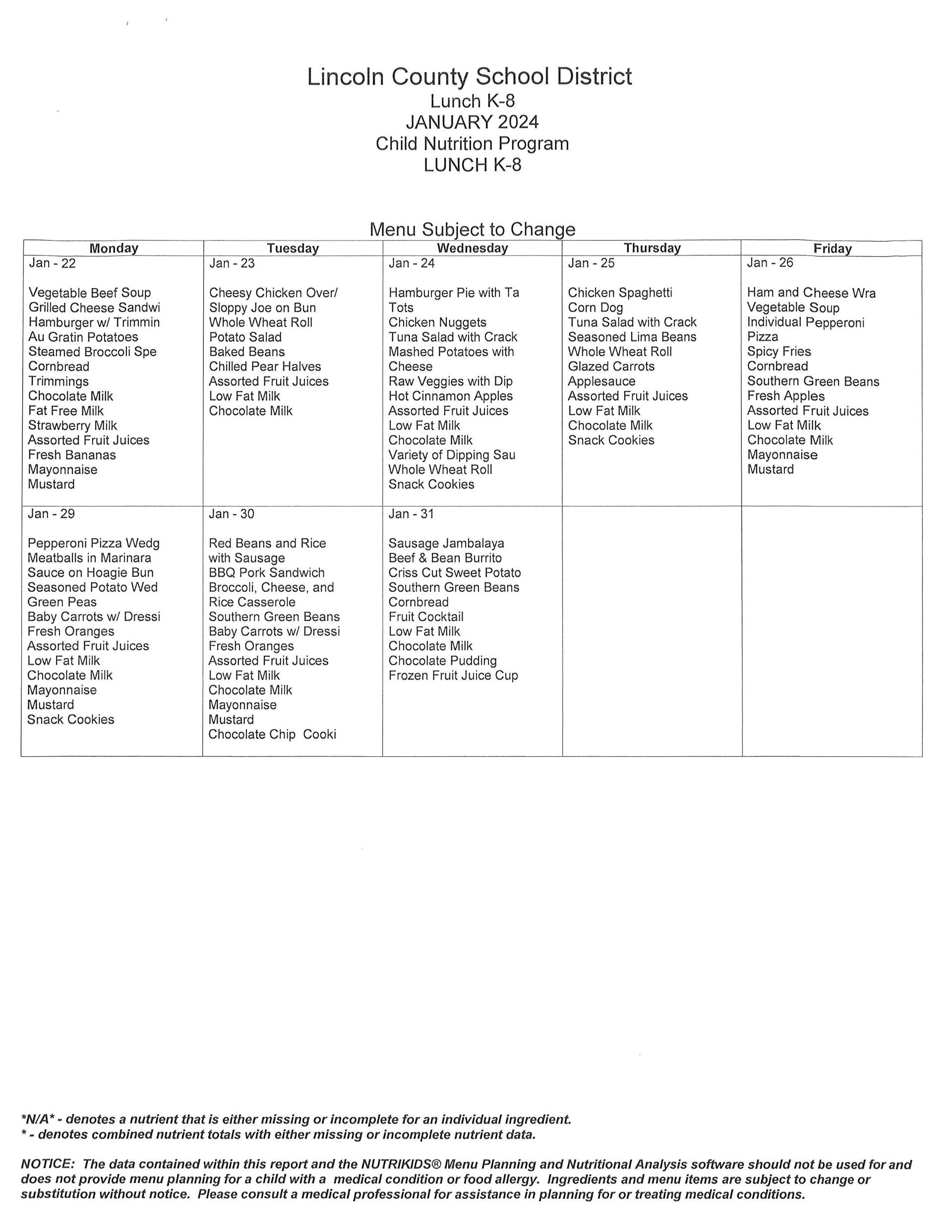 Breakfast & Lunch Menus – Child Nutrition Program – Lincoln County ...