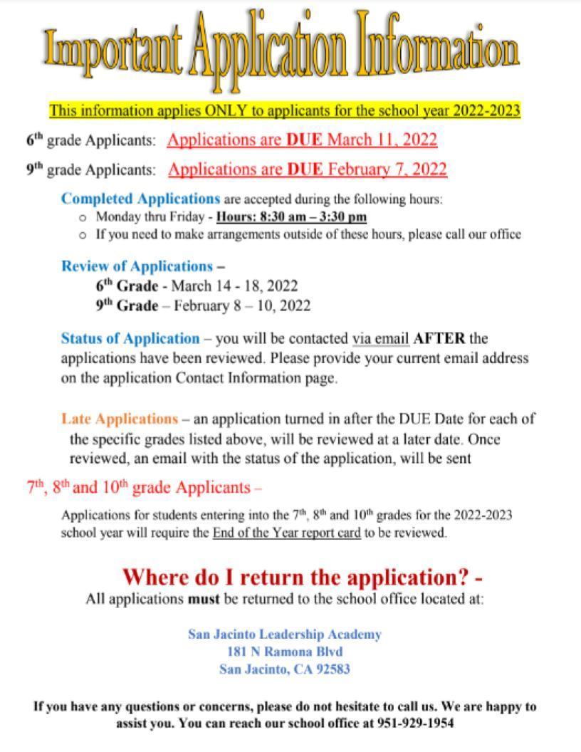 Enrollment Application – About Us – San Jacinto Leadership Academy
