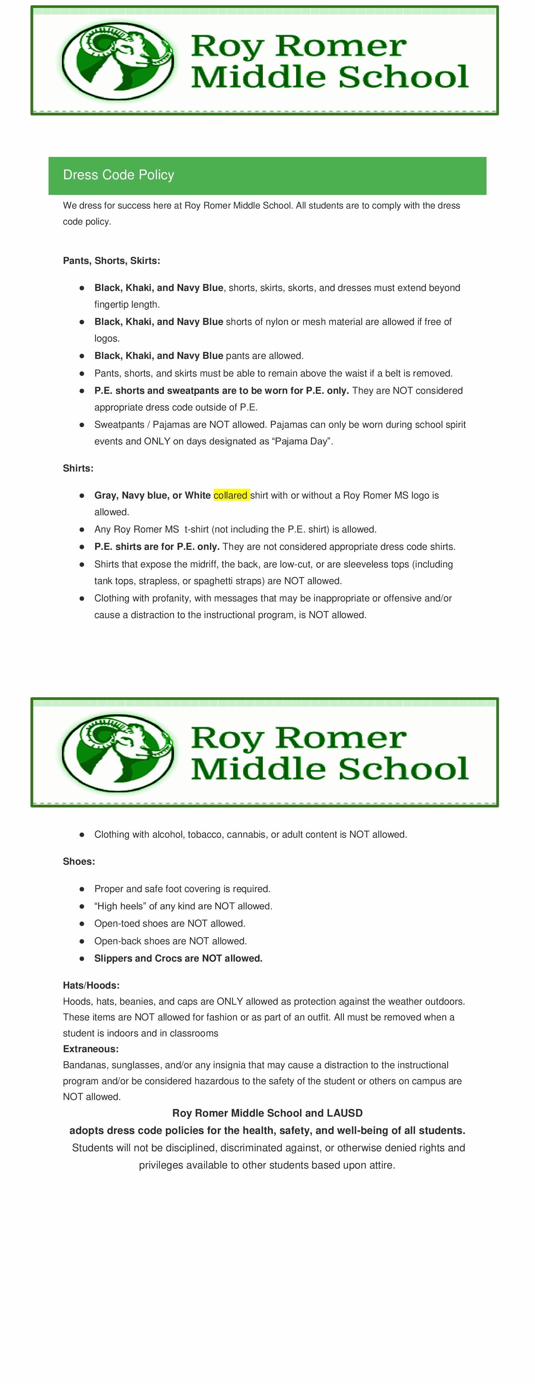 Dress Code Policy – Students – Roy Romer Middle School