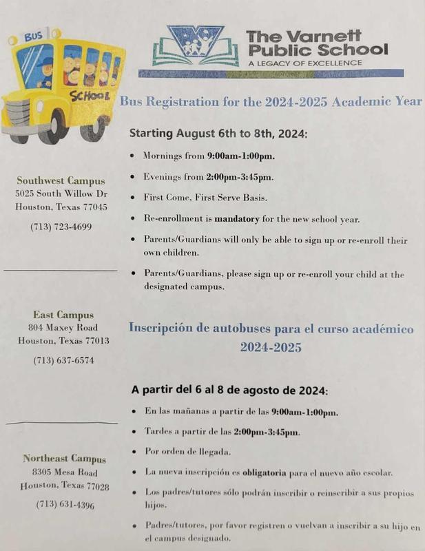 Bus Registration for the 2024-2025 School Year! | The Varnett School - East