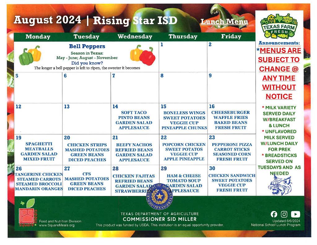 MENU - Nutrition - Rising Star ISD