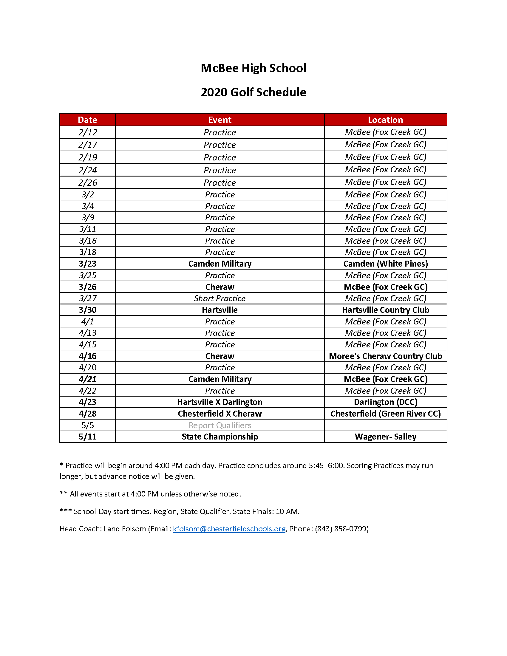Schedule – Golf - Boys – McBee High School