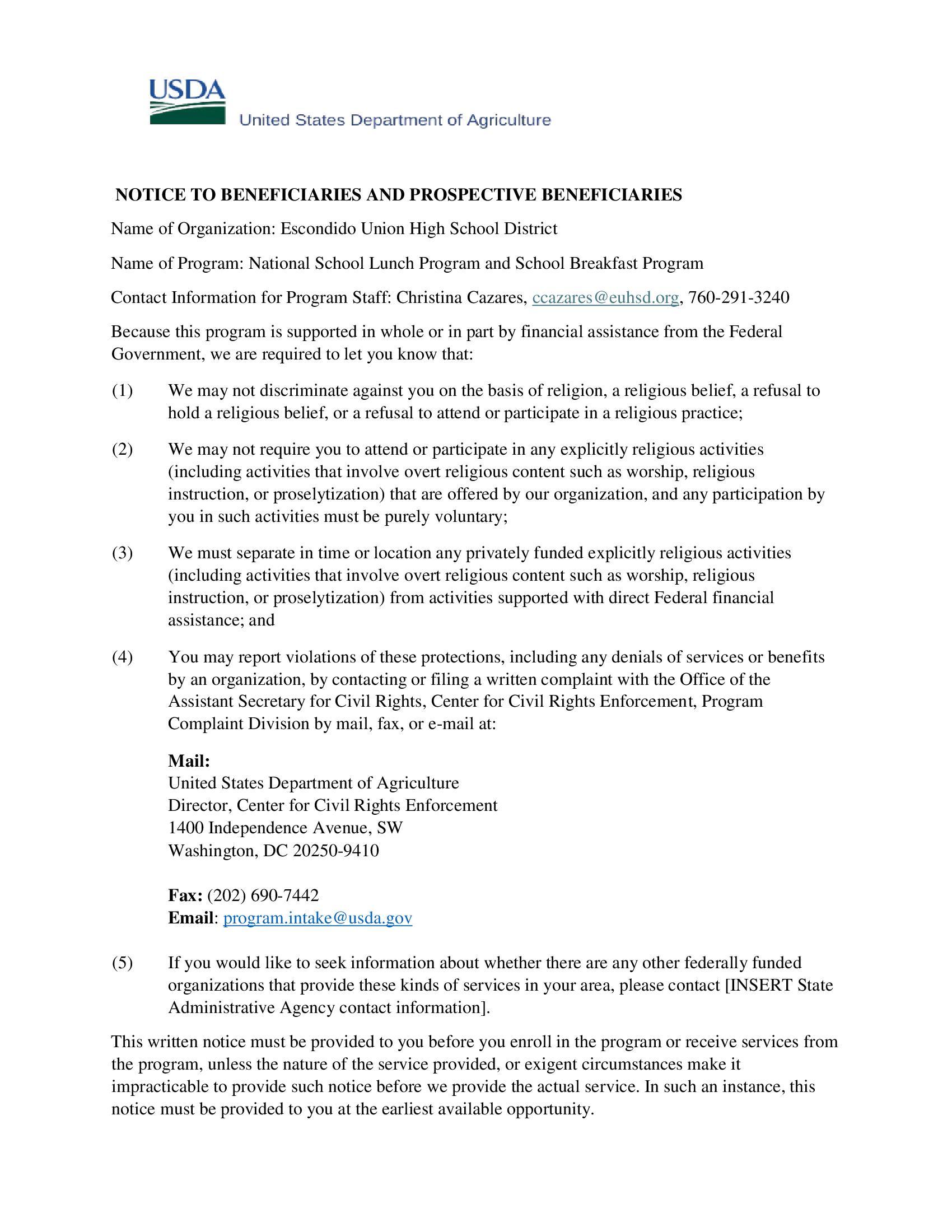 Non-Discrimination – Nutrition Services – Escondido Union High School ...