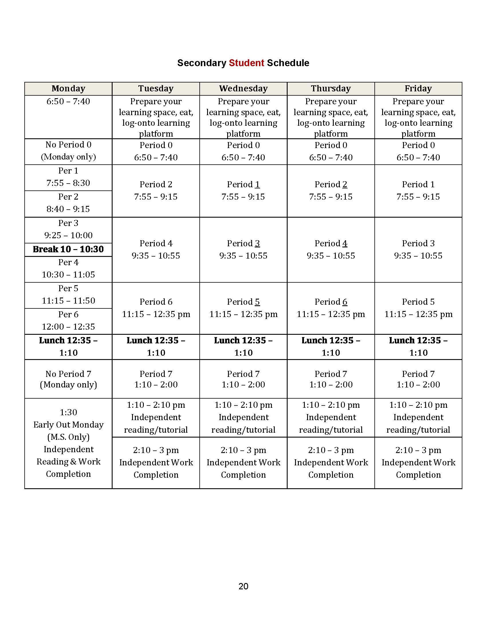2020-21 Student Bell Schedule – About Us – Redondo Union High School