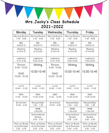 Classroom Schedule – Elizabeth Jacky – Wallburg Elementary School